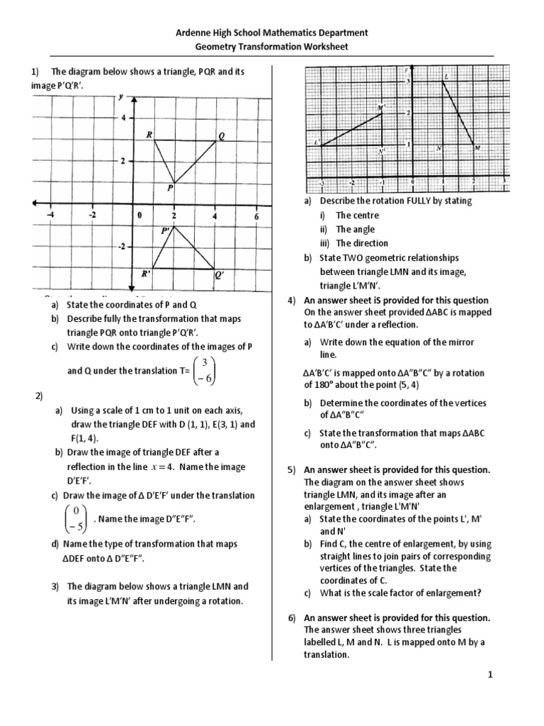 Geometric Transformation Worksheet | PDF