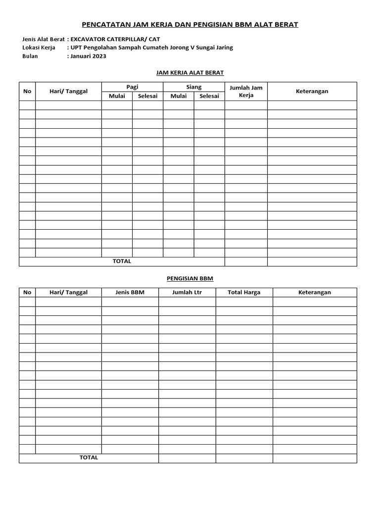 PENCATATAN JAM KERJA DAN PENGISIAN BBM ALAT BERAT | PDF