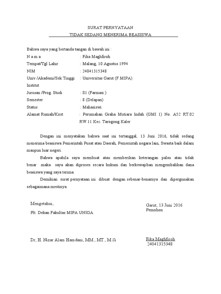 Surat Pernyataan Untuk Dekan | PDF