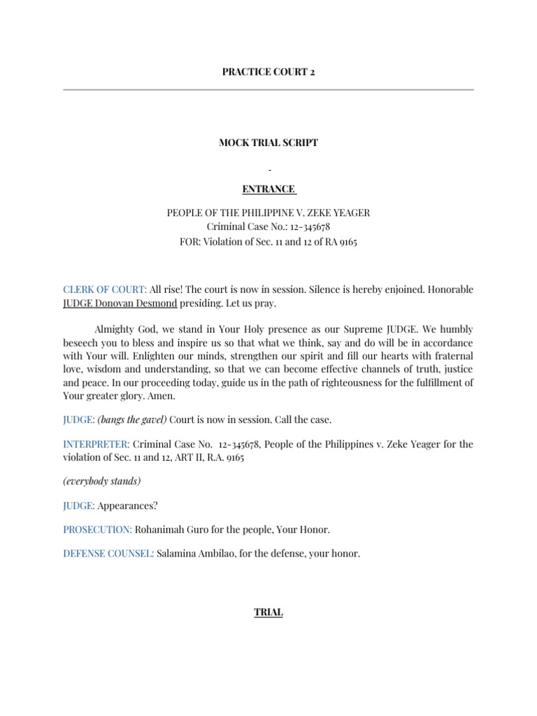 Mock Trial Script: People v. Zeke Yeager | PDF | Witness | Judge