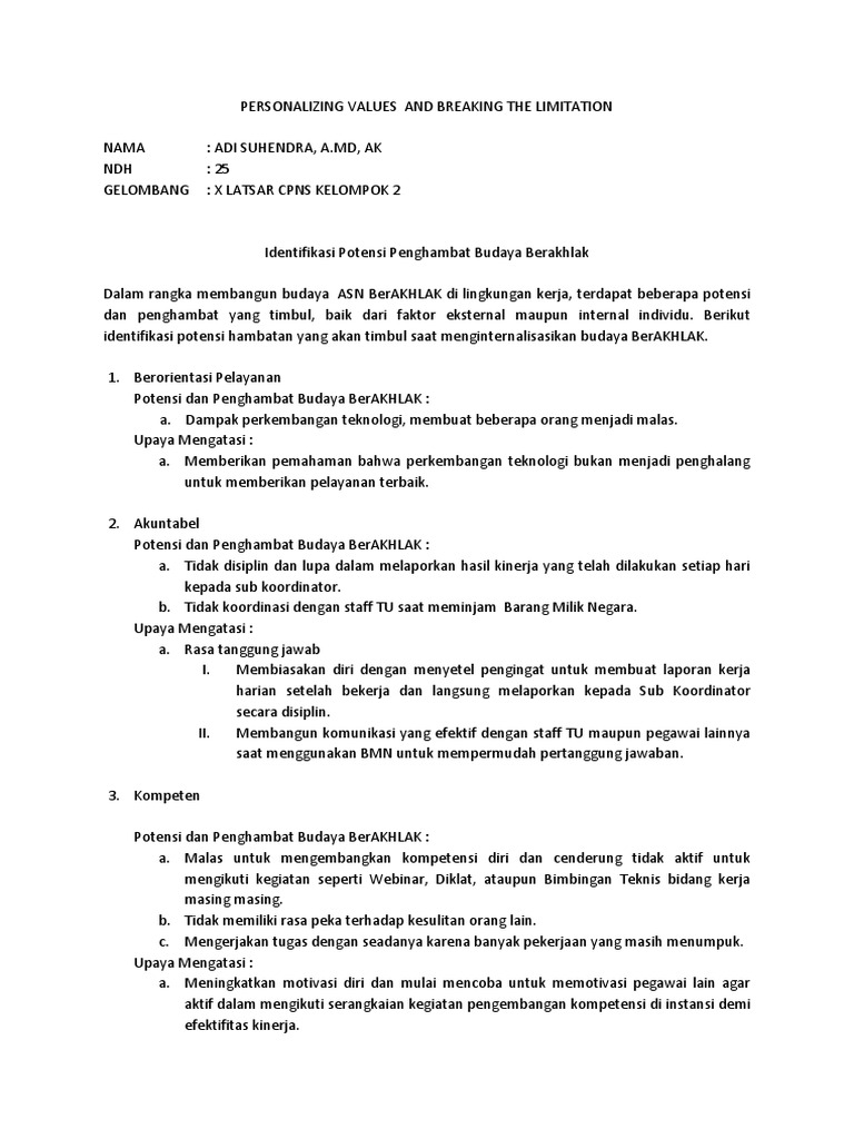 PERSONALIZING VALUES AND BREAKING THE LIMITATION Latsar Cpns Acc | PDF
