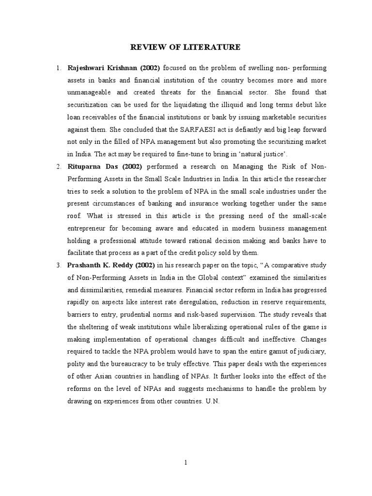 Review of Literature - Npa | Download Free PDF | Banks | Securitization