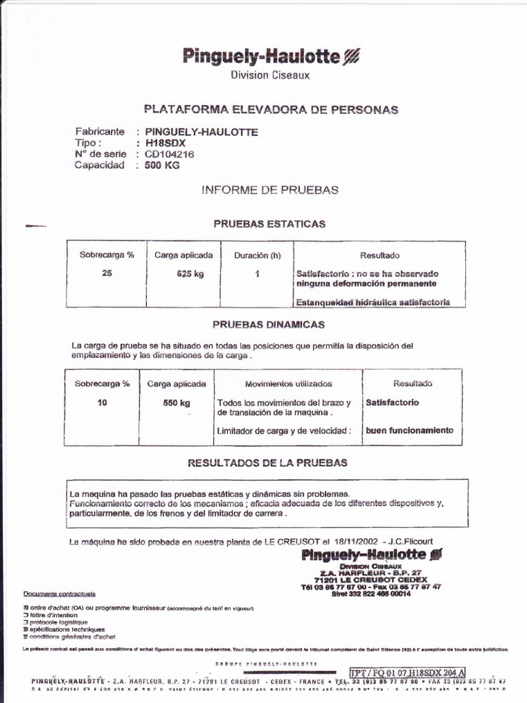 Documentacion Plataforma Elevadora - Aenor - Ce | PDF