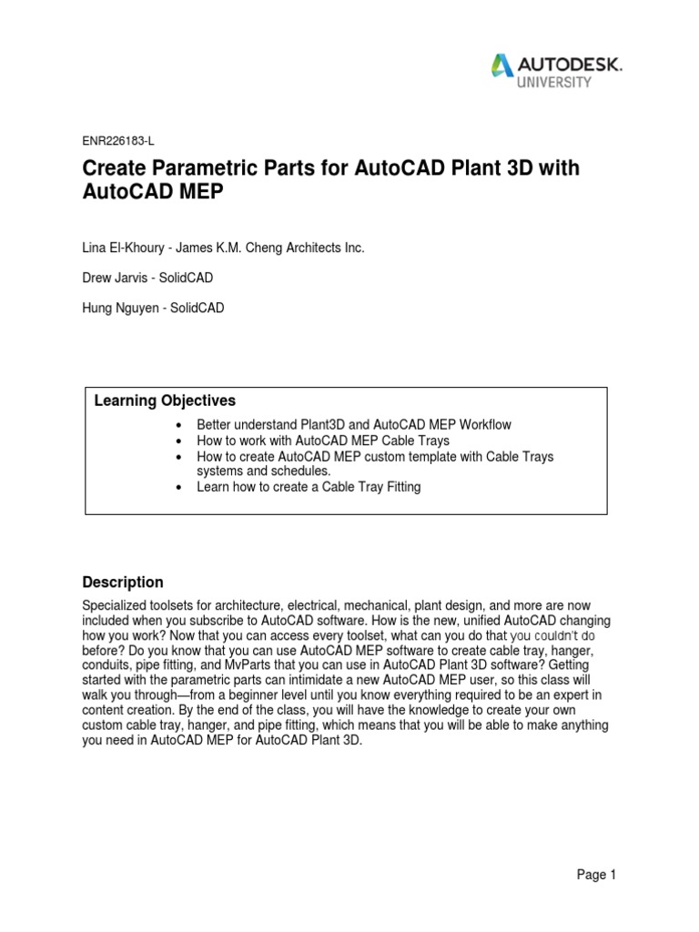 ENR226183-L Class Handout ENR226183L Create Parametric Parts For AutoCAD Plant 3D With AutoCAD ...