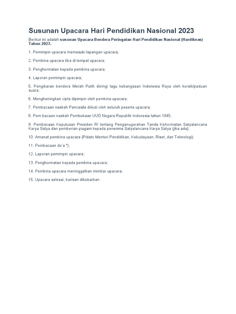Susunan Upacara Hari Pendidikan Nasional 2023 | PDF