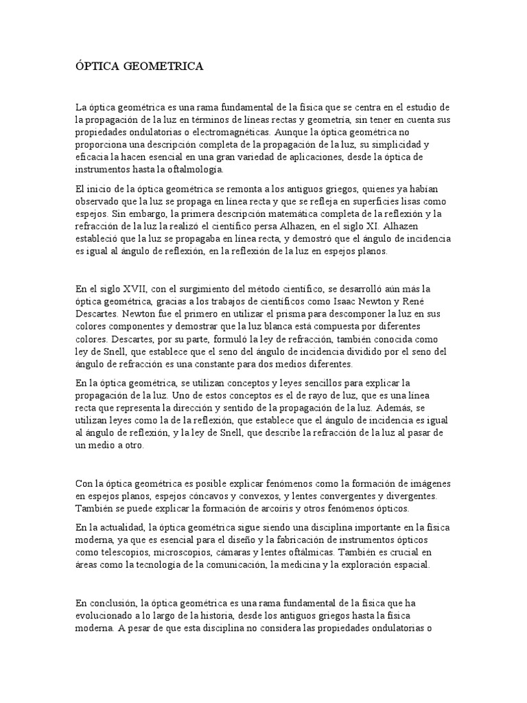 Optica Geometrica Resúmen | PDF | Óptica | Ligero