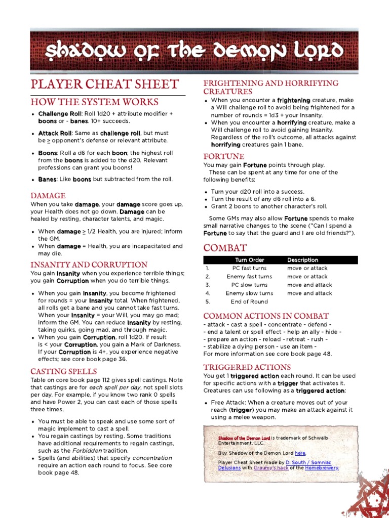 SotDL Player Cheat Sheet Print | PDF | Tabletop Games | Gaming
