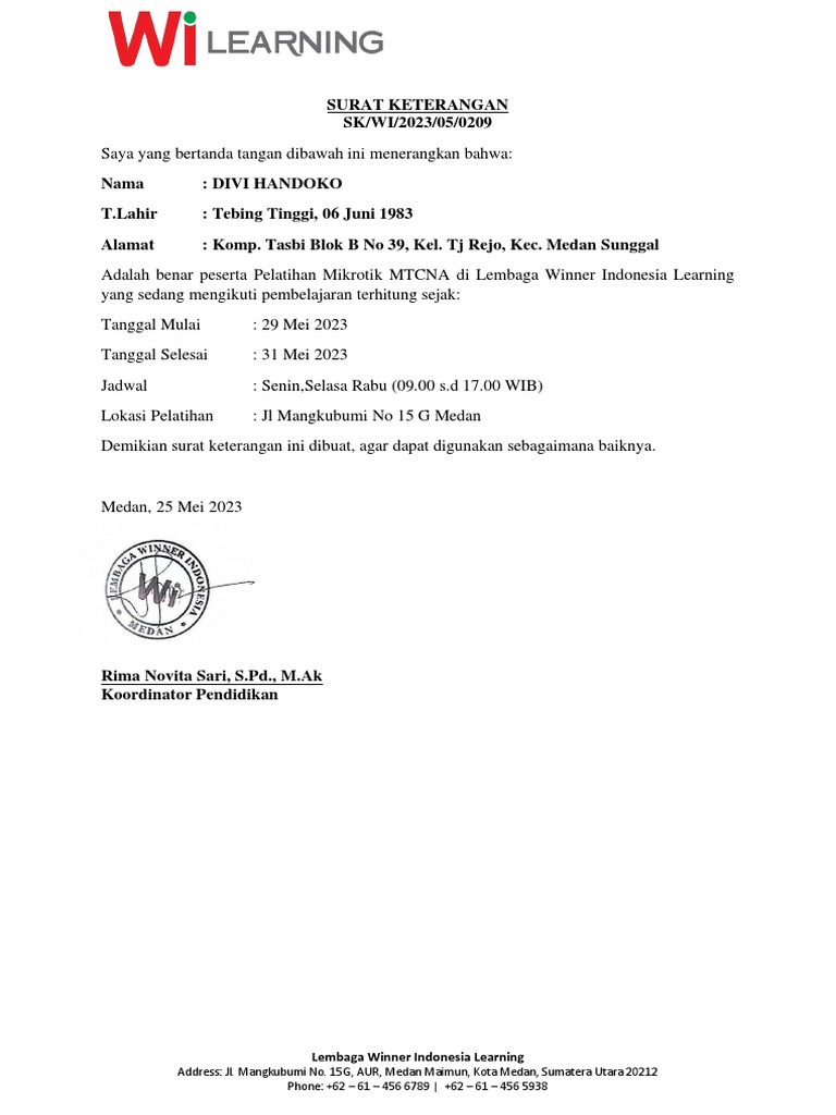 Surat Keterangan Les-Pak Divi Handoko | PDF