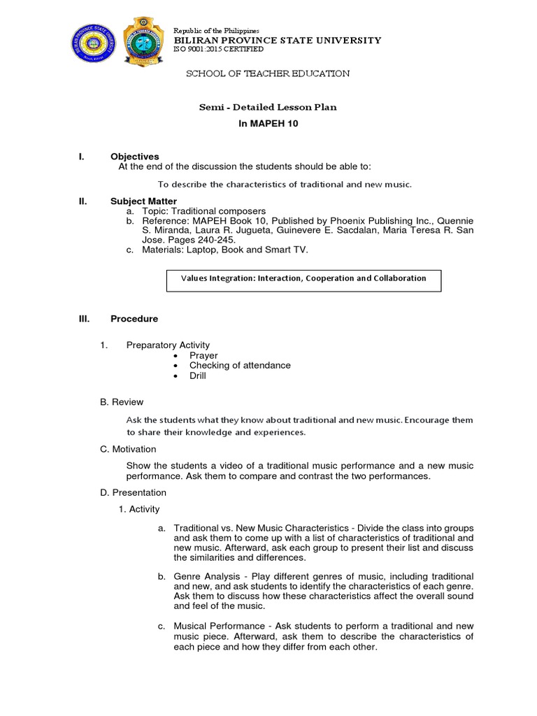 Semi-Detailed Lesson Plan Music3rd | PDF | Folk Music | Lesson Plan