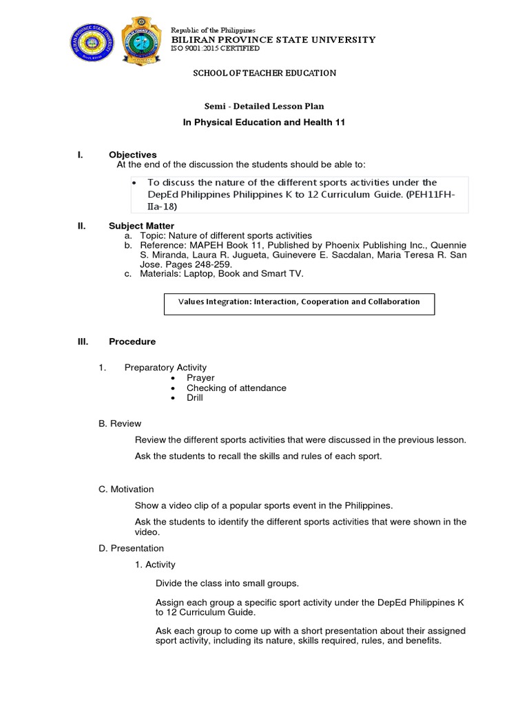 Semi-Detailed Lesson Plan Pe11 | PDF | Sports | Lesson Plan