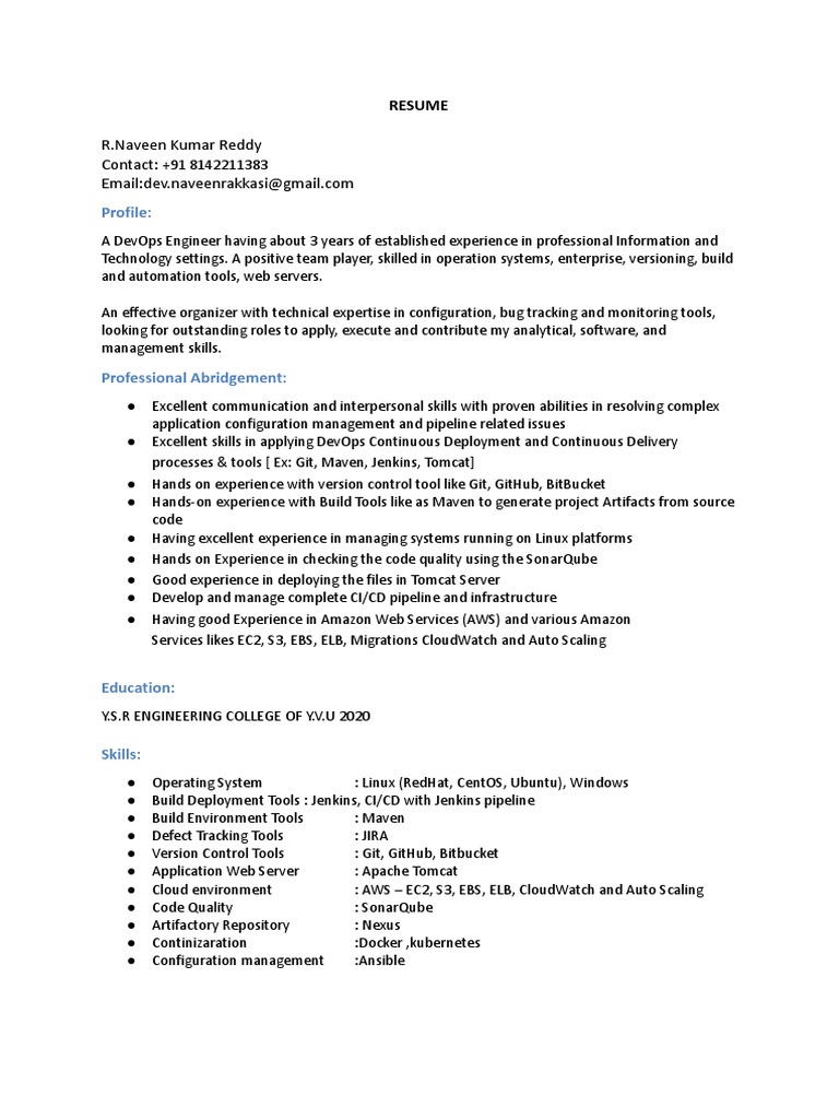 Devops Resume | PDF | Version Control | Computer Science