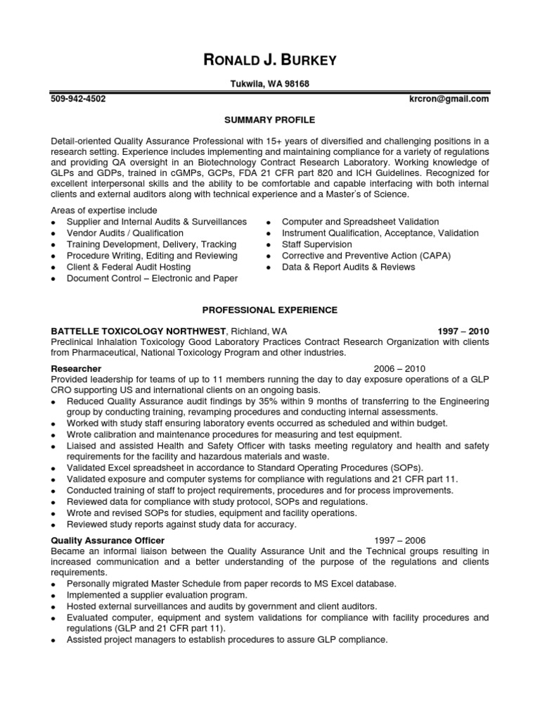GLP QA Auditor in Seattle WA Resume Ronald Burkey | PDF | Audit | Business