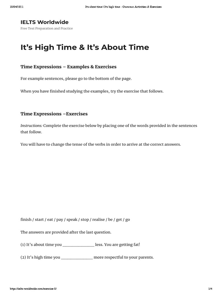 It's About Time - It's High Time - Grammar Activities & Exercises | PDF