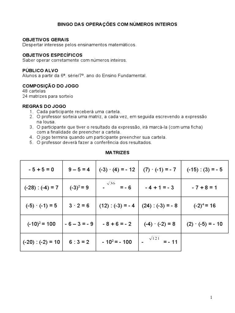 Bingo Das Operac3a7c3b5es Com Nc3bameros Inteiros4 | PDF
