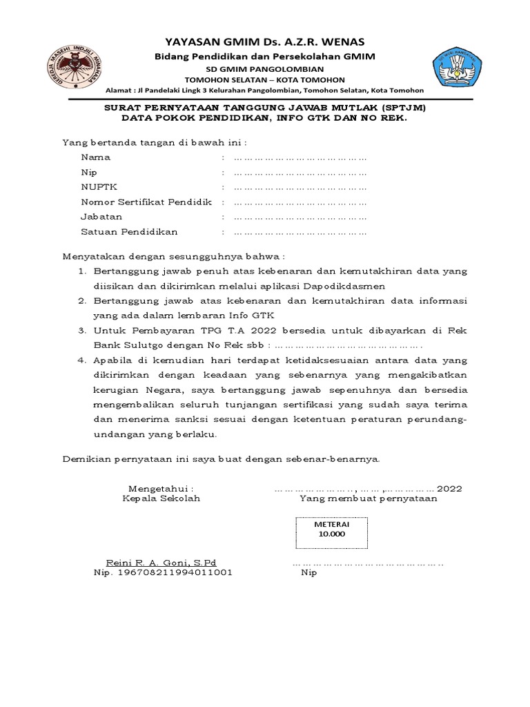 Contoh SPTJM Bagi Guru Sertifikasi | PDF