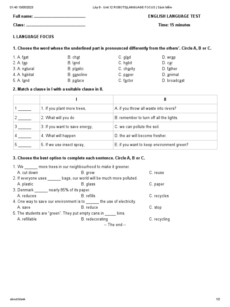Grade 6 English Test: Robots | PDF | Sustainable Development | Nature