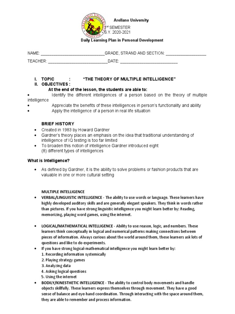 DLP L02 - Multiple Intelligence | PDF | Intelligence | Learning