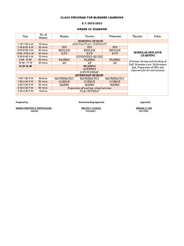 Grade 4 Blended Learning Schedule | PDF