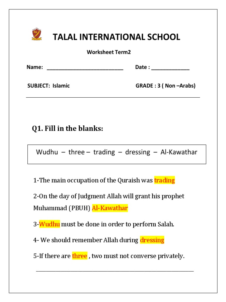 Islamic Worksheet (Non-Arabs) - Grade 3 - Term2 Feb Keyanswer | PDF