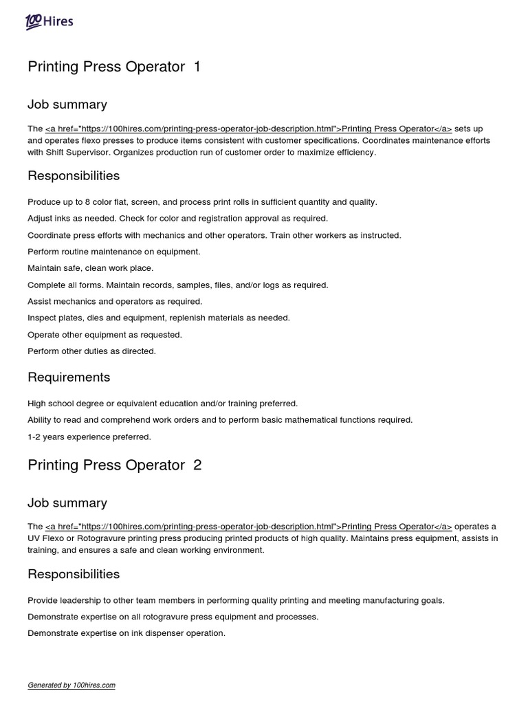 Printing Press Operator Job Description | PDF | Printing