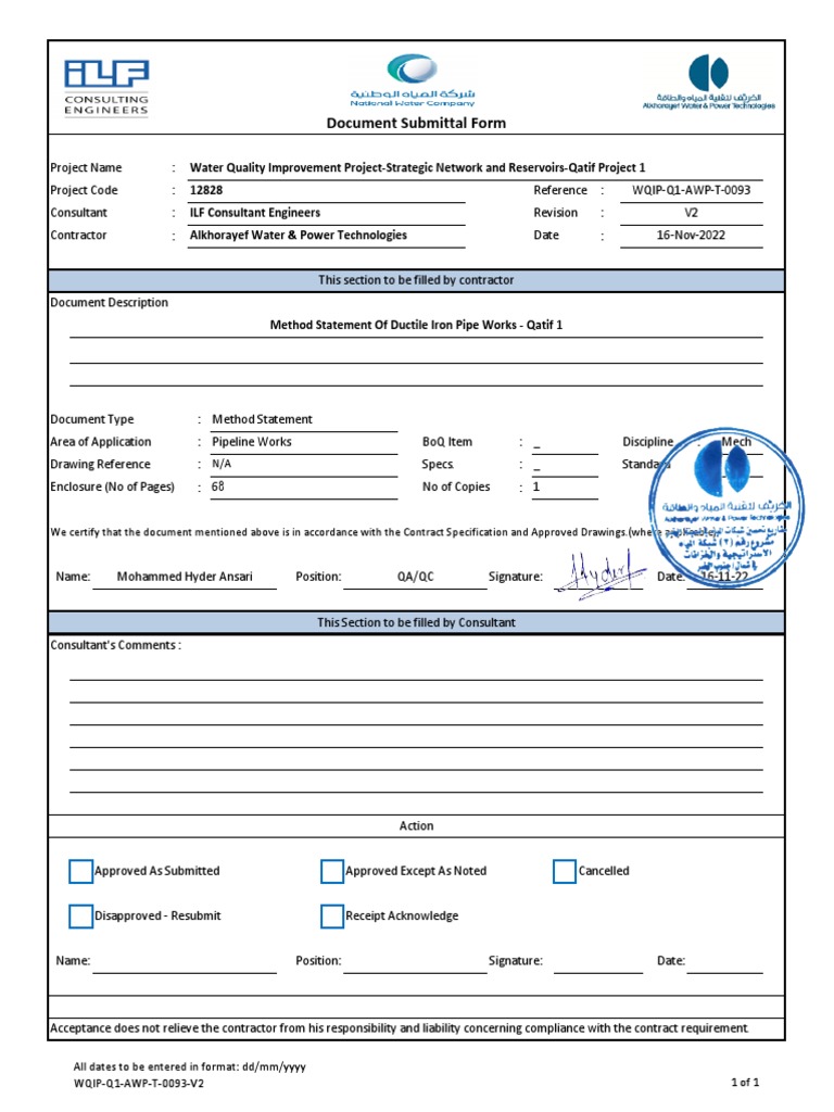 WQIP-Q1-AWP-T-0093-V2 Method Statement of Ductile Iron Pipe Works ...