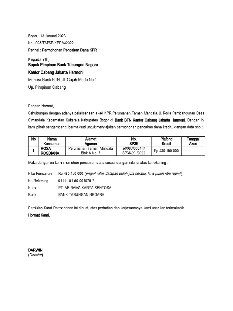 Contoh Surat Pencairan KPR | PDF