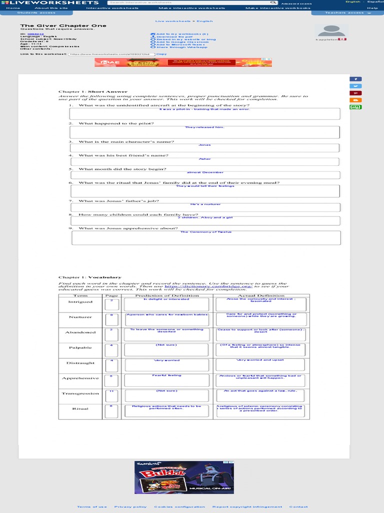 The Giver Chapter One Worksheet | Download Free PDF | The Giver | Worksheet