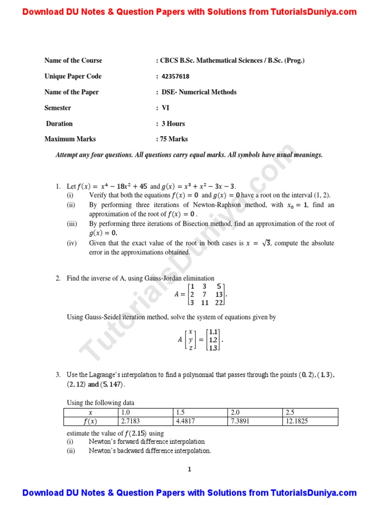 Numerical Methods Exam Paper Guide | PDF | Finite Difference ...