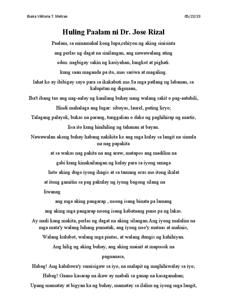Huling Paalam Ni Rizal Translation | PDF