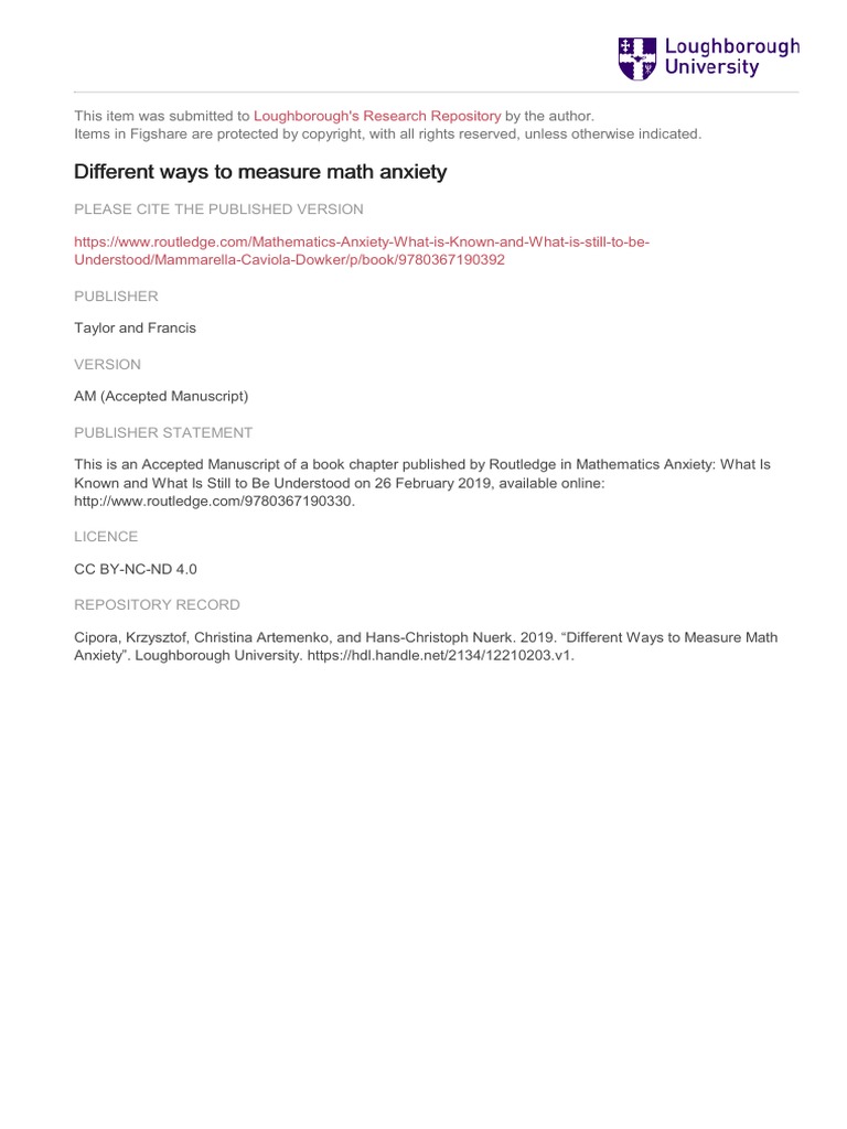 Chapter 2 MA Measurement SUBMITTED | PDF | Anxiety | Mathematics
