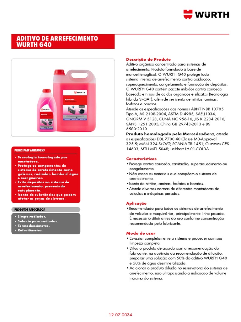 Aditivo de Arrefecimento Wurth G40 | PDF | Radiador | Química