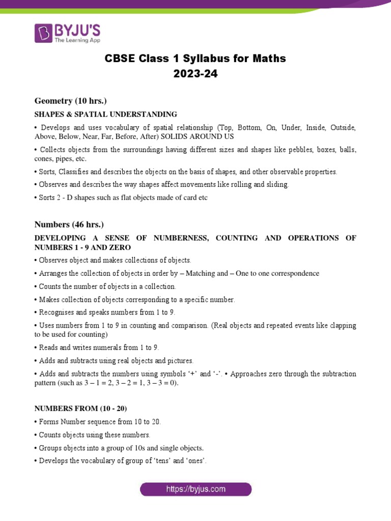 CBSE Syllabus For Class 1 Maths 2023 24 | PDF | Numbers | Mathematics