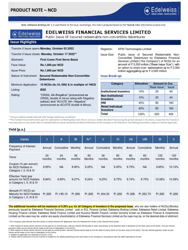 Product Note - EFSL NCD Tranche II | PDF | Bonds (Finance) | Yield ...