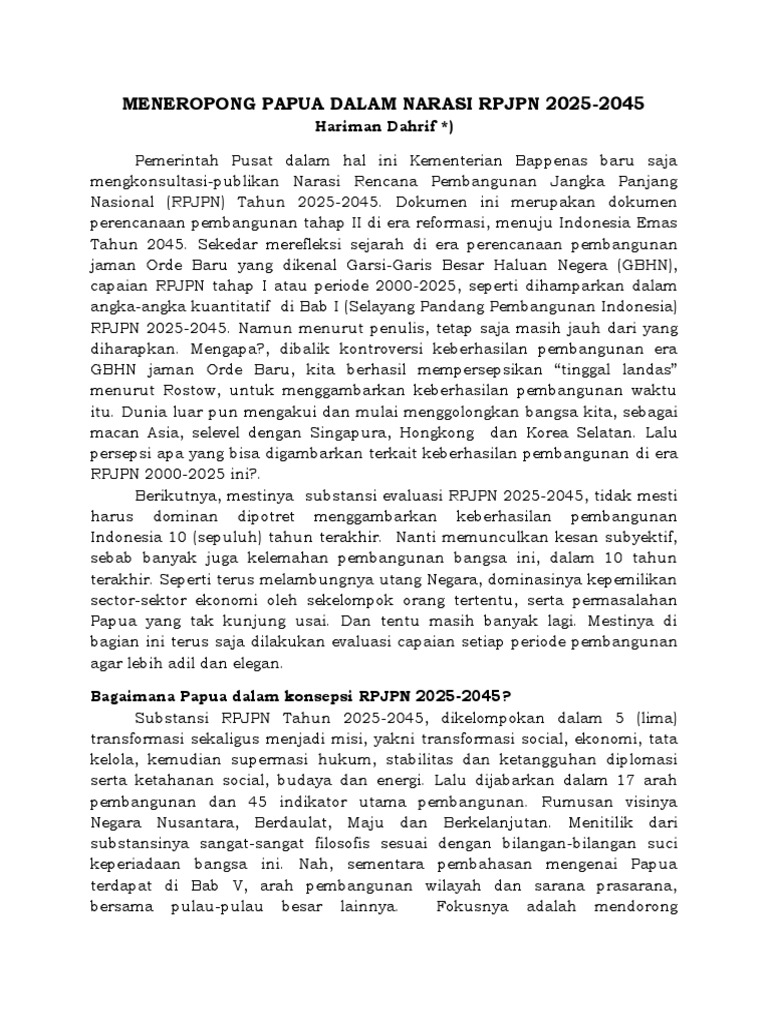 Meneropong Papua Dalam Narasi RPJPN 2025 | PDF