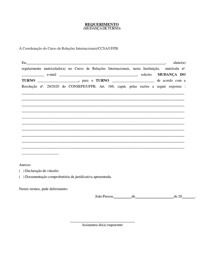 Modelo de Requerimento - Mudança de Turno | PDF Modelo de Requerimento - Mudança de Turno | PDF