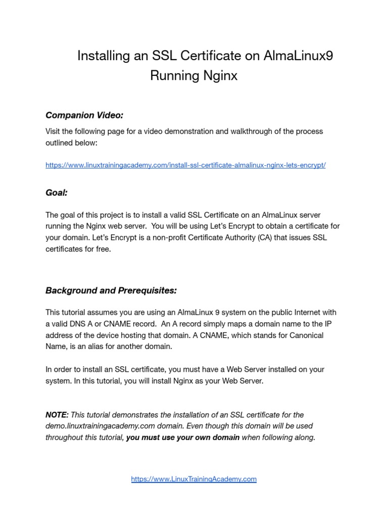 Installing An SSL Certificate On AlmaLinux9 Running Nginx | PDF | Public Key Certificate ...