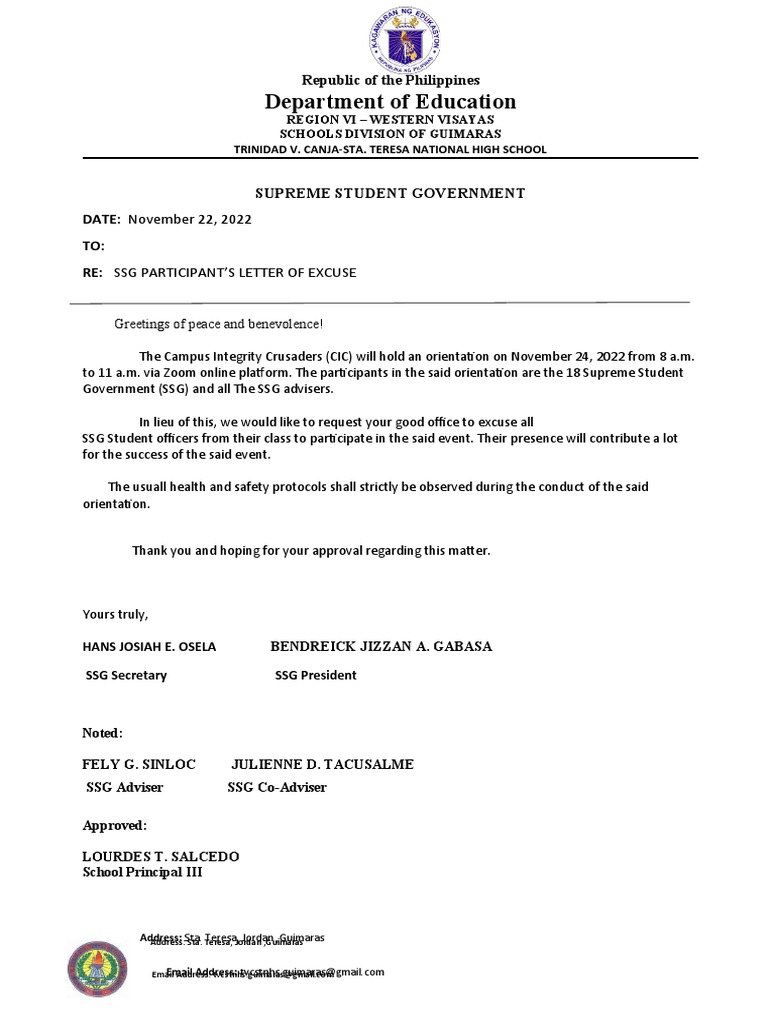Letter For Excuse SSG | PDF