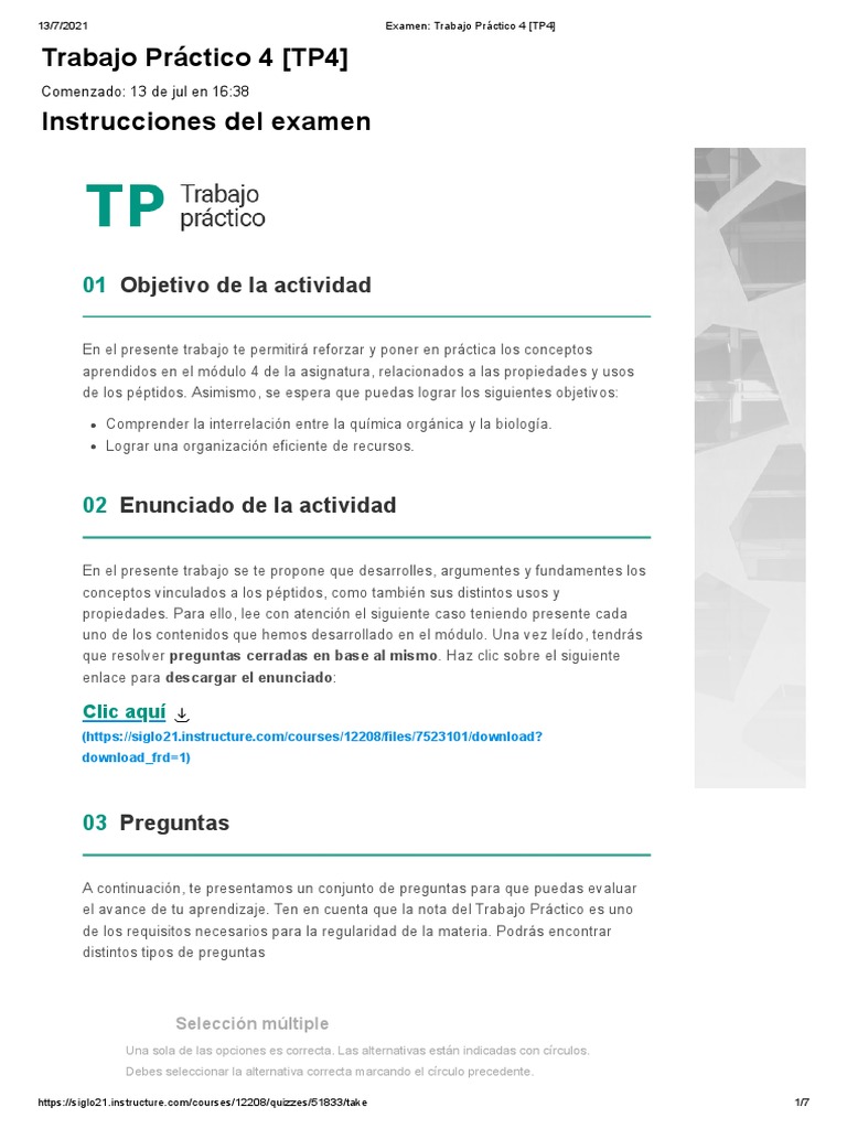 Examen Trabajo Práctico 4 (TP4) 100 | PDF | Péptido | Aminoácidos