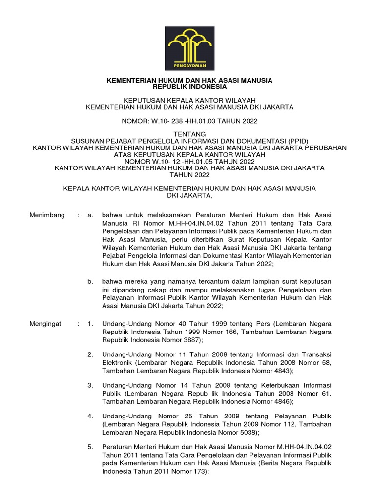 SK Ppid Kanwil Kemenkumham Dki Jakarta 2022 | PDF