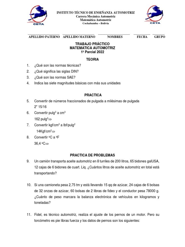 6.2 Trabajo Practico Matemáticas Conversiones | PDF | Vehículos terrestres | Vehículos