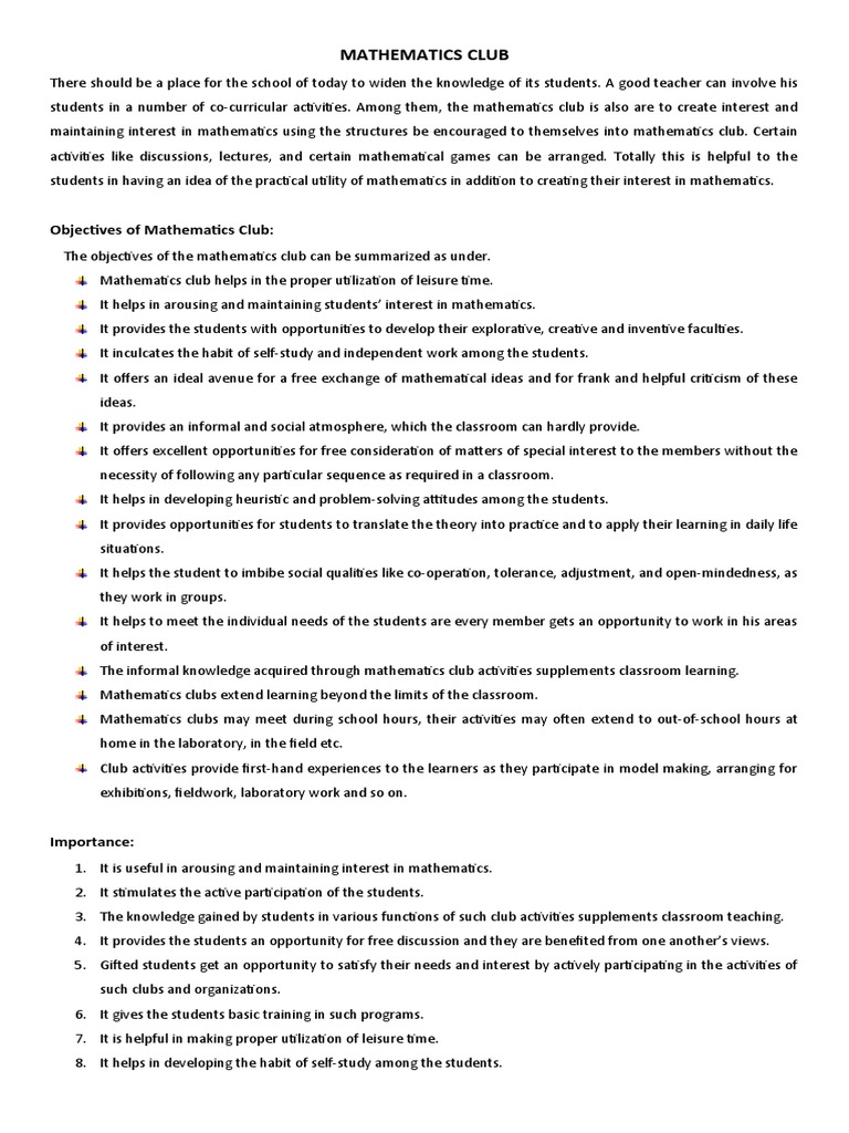 Mathematics Club | PDF | Teachers | Mathematics