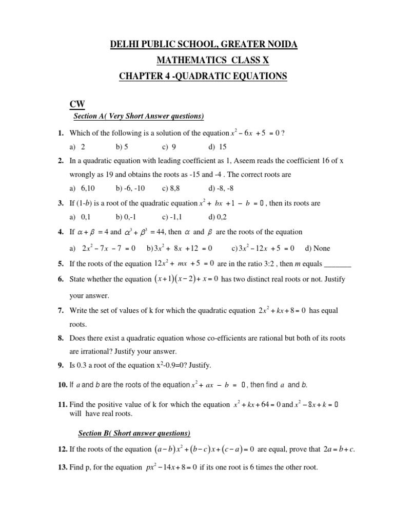 Delhi Public School, Greater Noida Mathematics Class X Chapter 4 ...