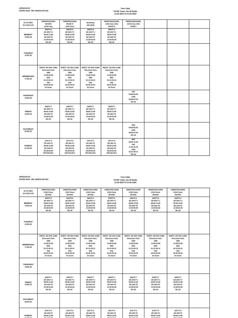 FIITJEE Noida Timetable: May 2023 | PDF