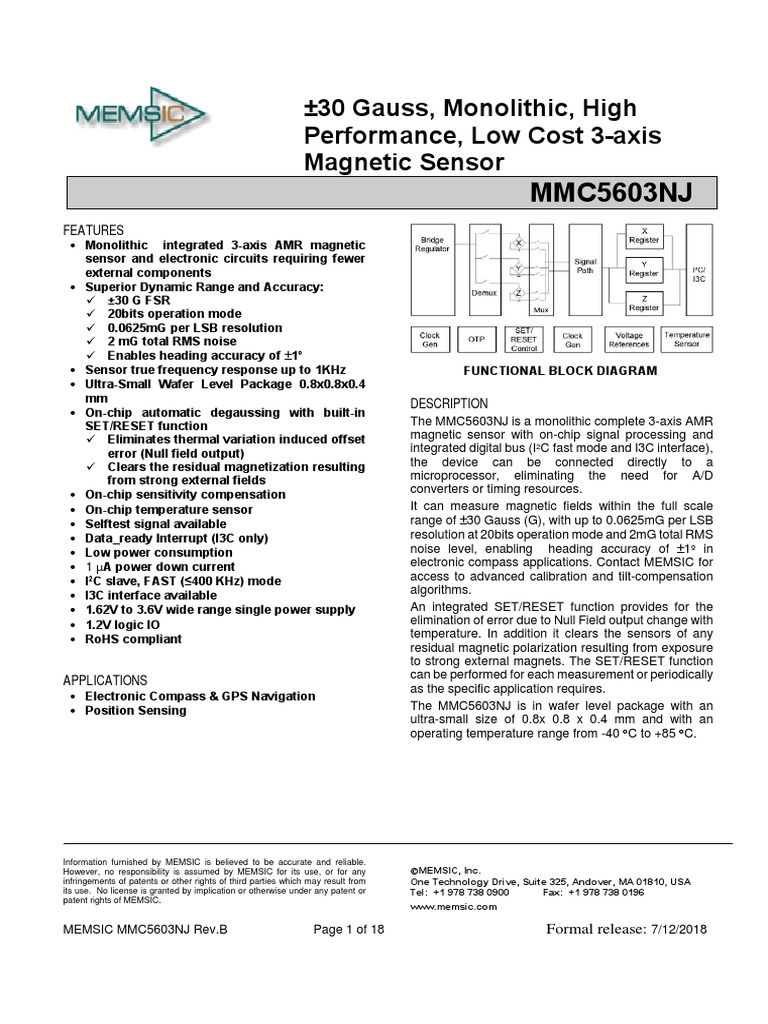 MMC5603NJ 3-Axis Magnetic Sensor Datasheet | PDF | Electrical ...