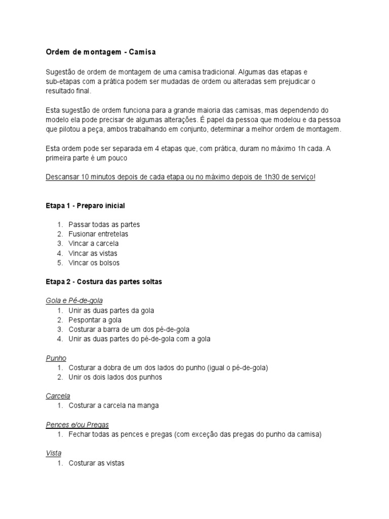 Ordem de Montagem - Camisa Social | PDF