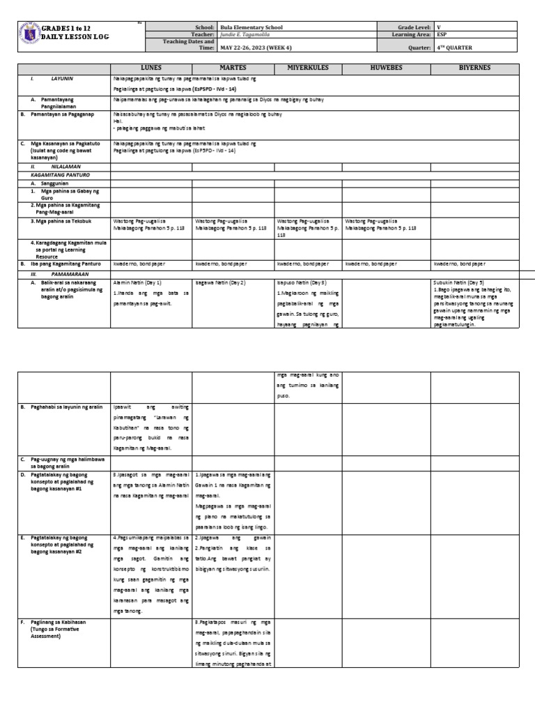 Grade 5 DLL ESP 5 Q4 Week 4 | PDF