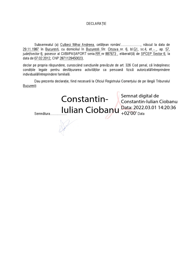 Model Declaratie PFA | PDF