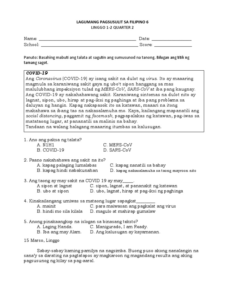 LAGUMANG PAGSUSULIT SA FILIPINO 6 Quarter 2 | PDF
