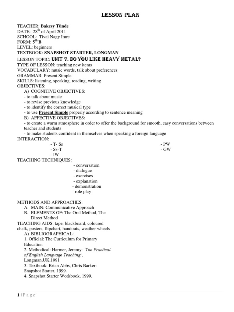 Lesson Plan, 5th Class | PDF | Reading Comprehension | Language Education