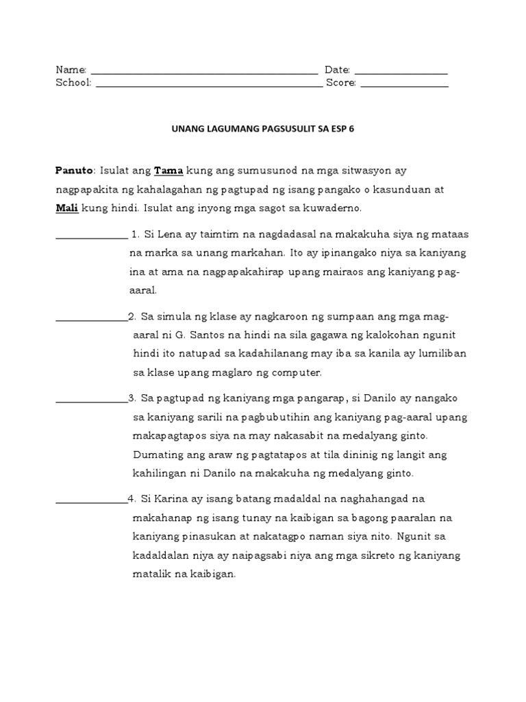 Unang Lagumang Pagsusulit Sa Esp 6 | PDF
